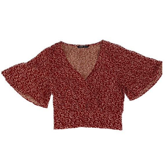 SHEIN | Tops | Shein Red White Floral Flowy Sleeve Partial Wrap Topxs ...